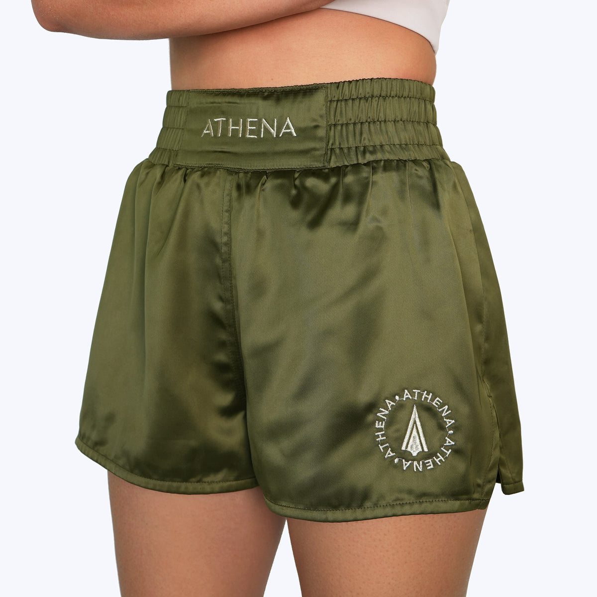 Enyo Women's Muay Thai Shorts (Khaki Green) with wide hips and built in ...