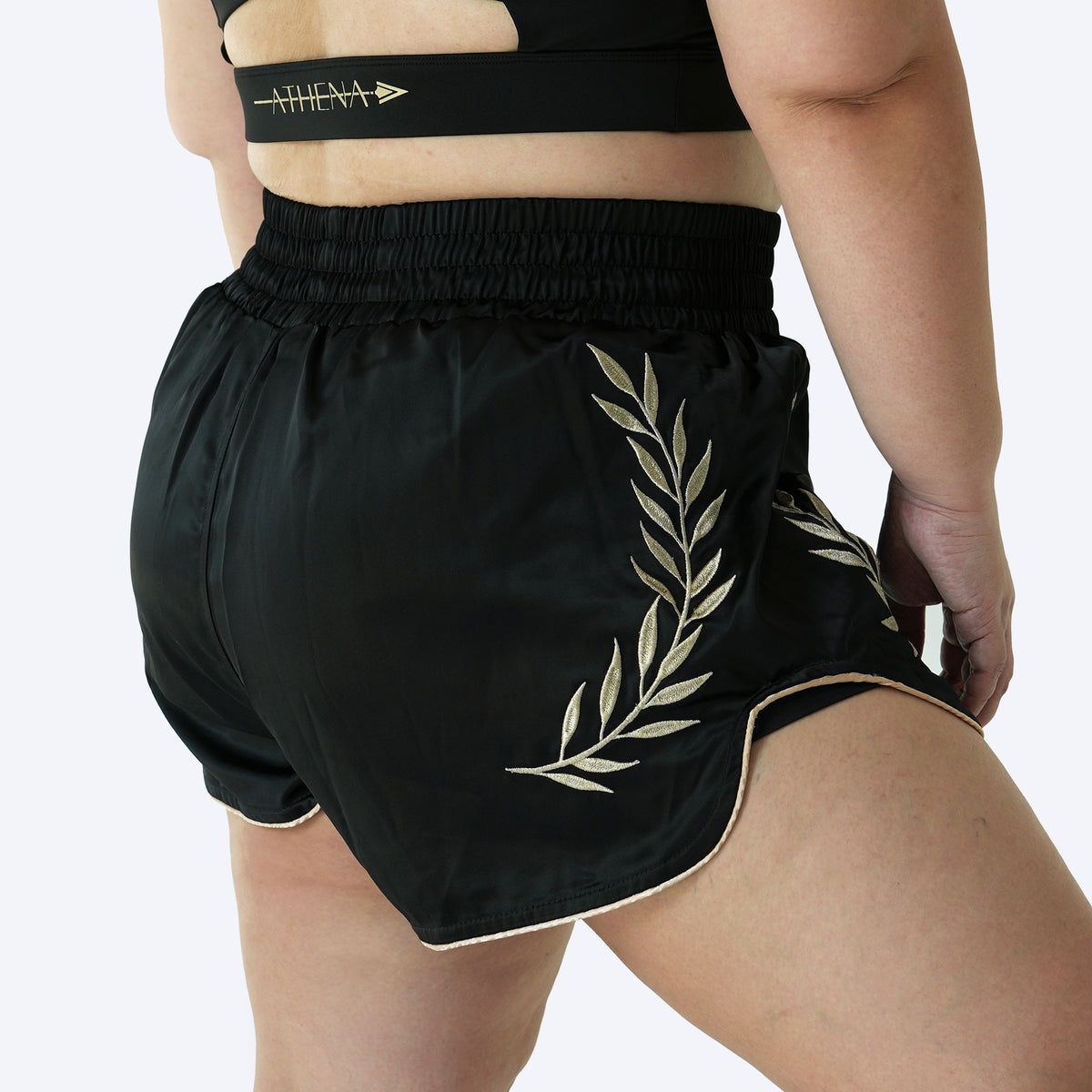 Athena Women's Muay Thai Shorts (Black/Gold) with extra wide hips