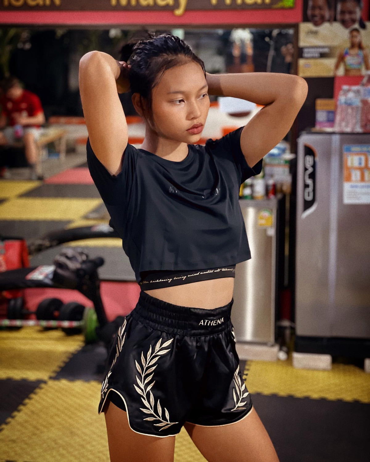 Athena Women's Muay Thai Shorts (Black/Gold) with extra wide hips